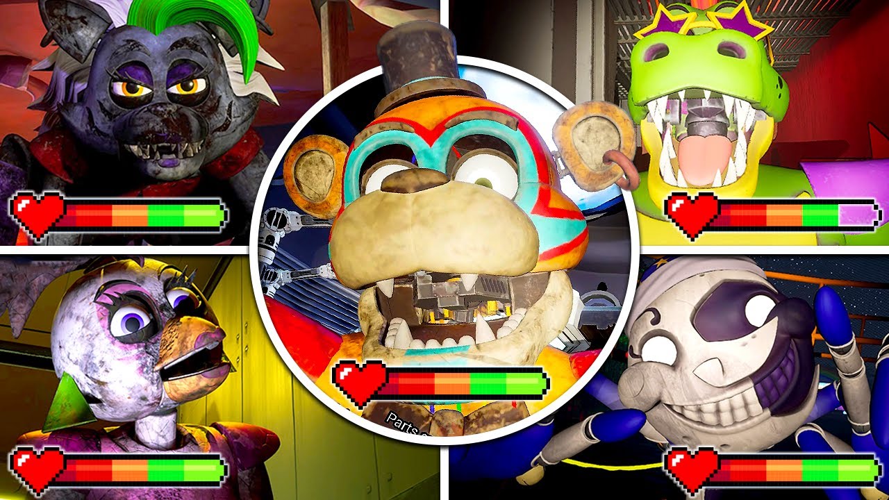 FNAF Security Breach - All BOSSES & All JUMPSCARES with HEALTHBARS ...