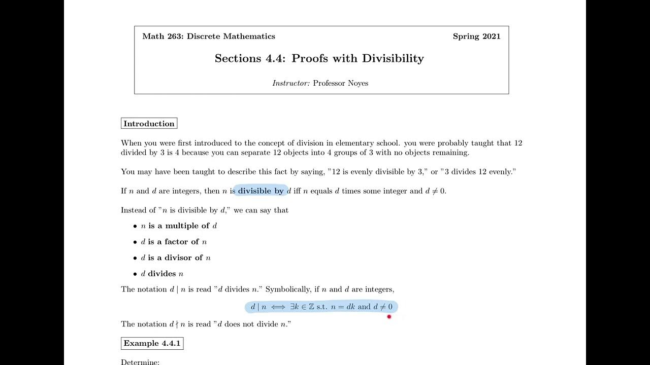 Math 263 Section 4.4 Direct Proof with Divisibility - YouTube