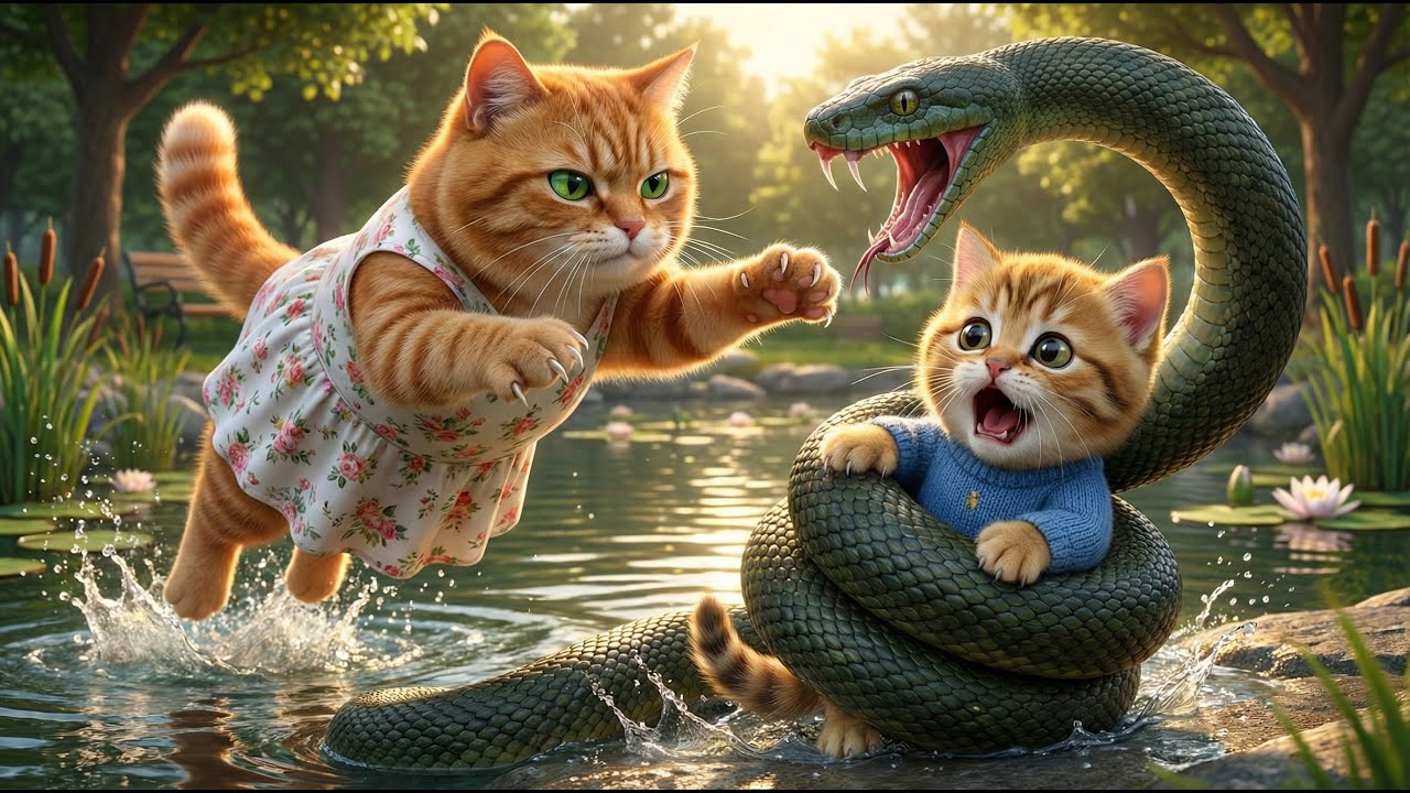 Snake Attack! Mom Cat Saves Cute Kitten in Park - YouTube