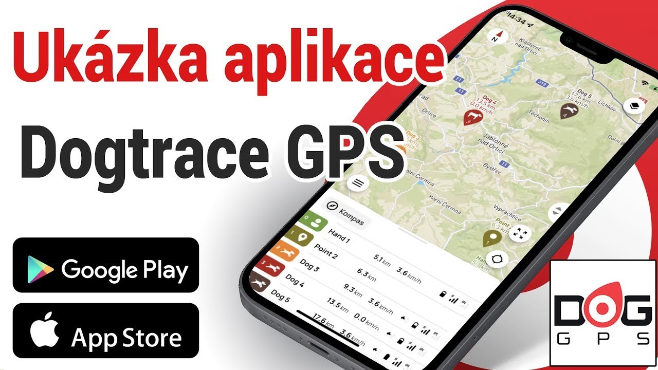 Ukázka mobilní aplikace Dogtrace GPS (verze 2022) k vyhledávacímu ...