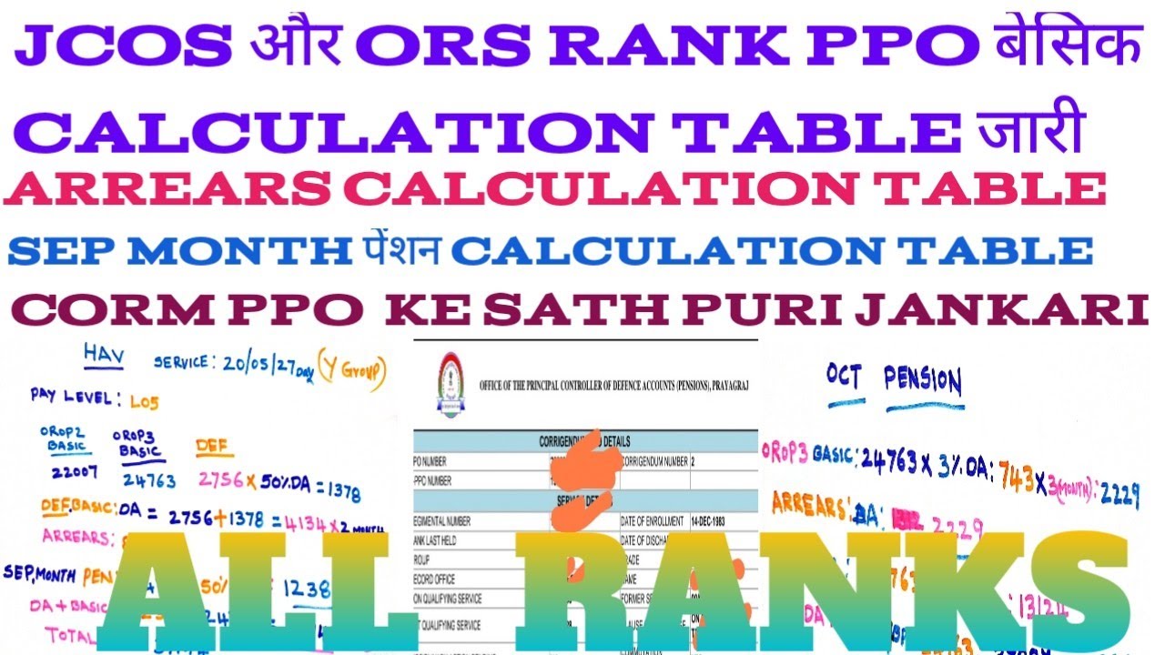 JCOS और ORS RANK OROP 3 PPO बेसिक TABLE CALCULATION ARREARS & SEP महीने ...