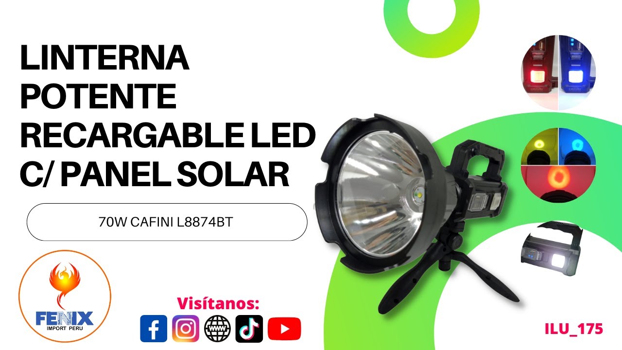 Linterna Potente Recargable Led Panel Solar 70W Cafini L8874BT - YouTube