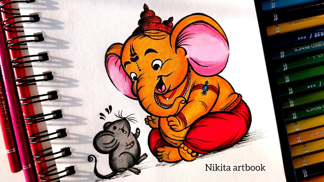 How to draw ganesh ji with mushak | cute ganesha ji drawing | ganesh ji ...