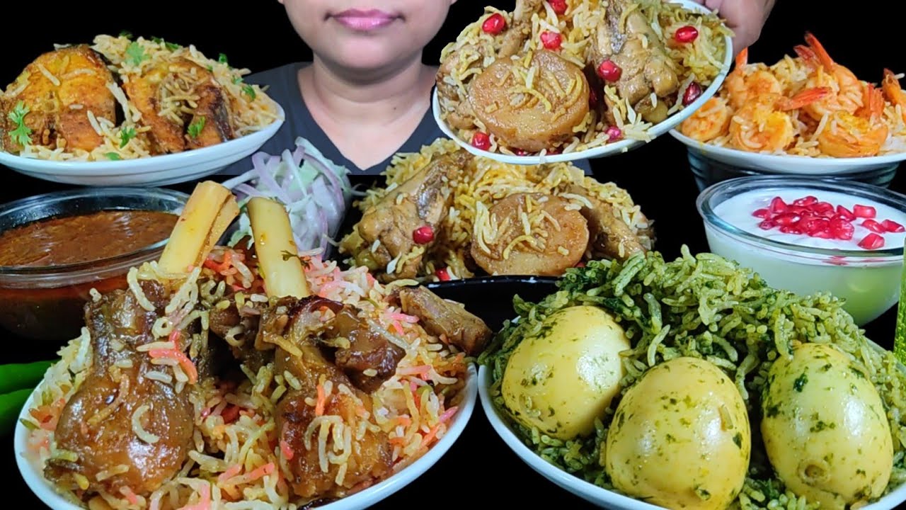ASMR EATING MUTTON BIRYANI, CHICKEN BIRYANI, FISH BIRYANI, EGG BIRYANI ...