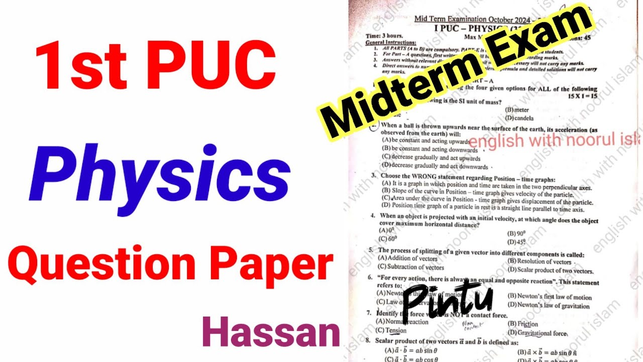 1st PUC Physics Midterm Question Paper 2024 kseab - YouTube