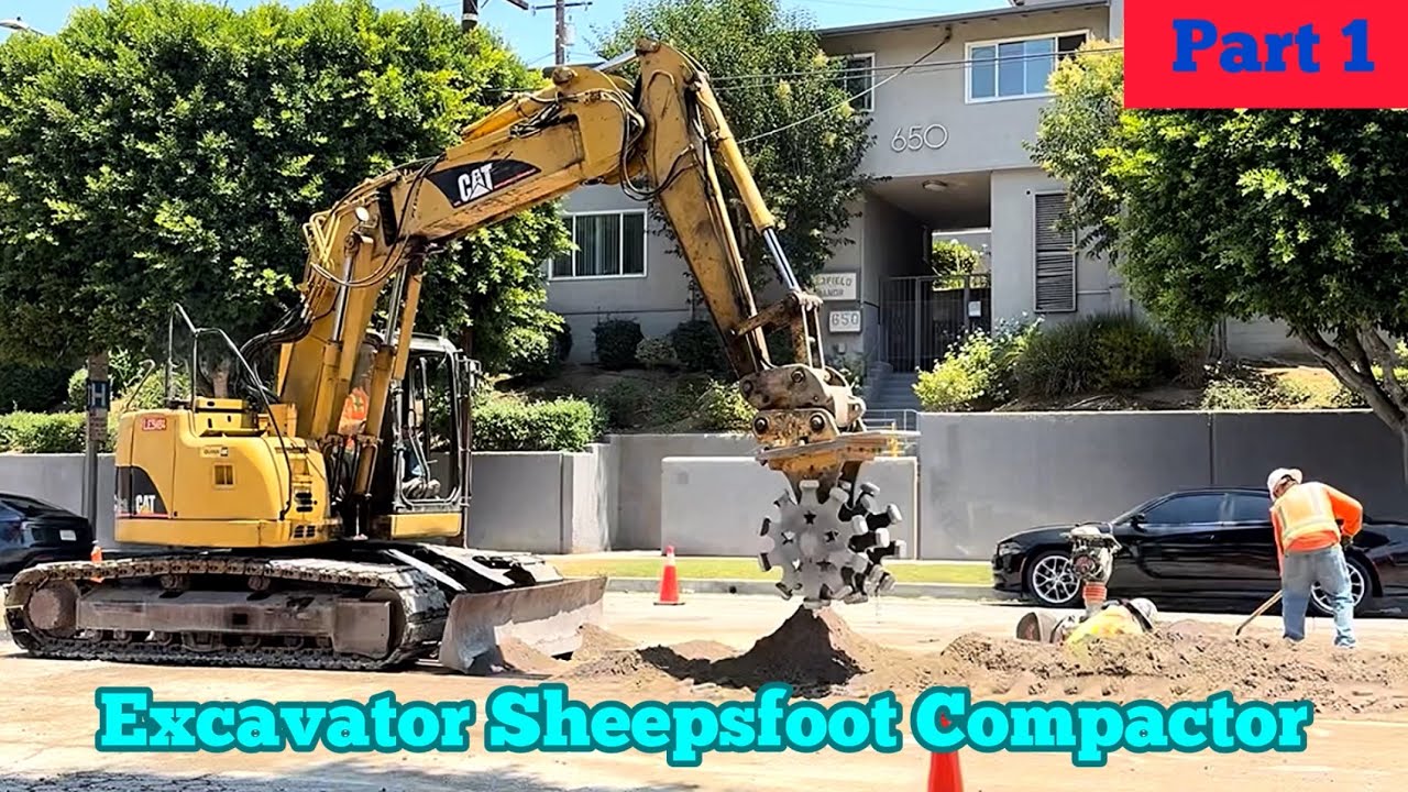 CAT® EXCAVATOR SHEEPSFOOT COMPACTOR in Action (Part 1/3) ~ Water Main ...