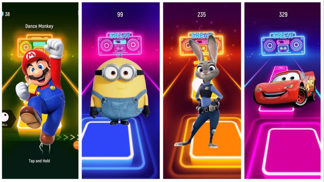 Super Mario 🆚 Minions 🆚 Zootopia 🆚 McQueen | Tiles Hop EDM Rush - YouTube