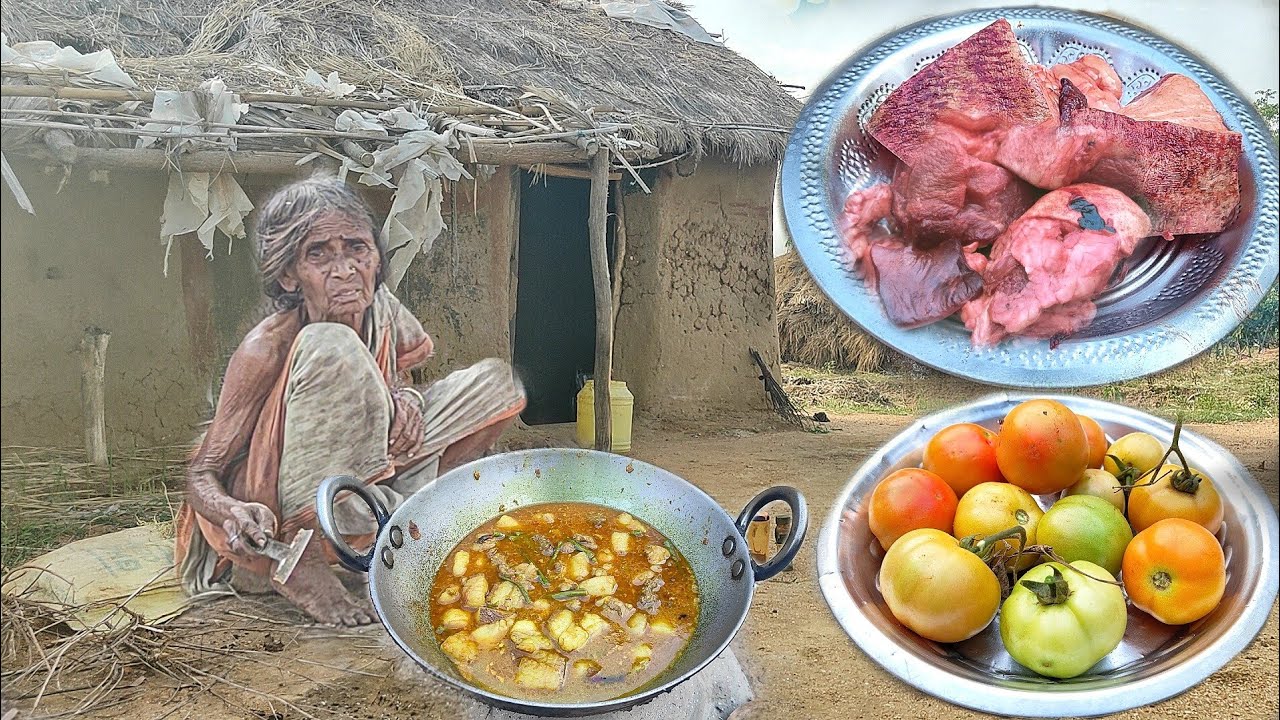 90 year old widow grandma cooking PORK CURRY with tomato with hot rice ...