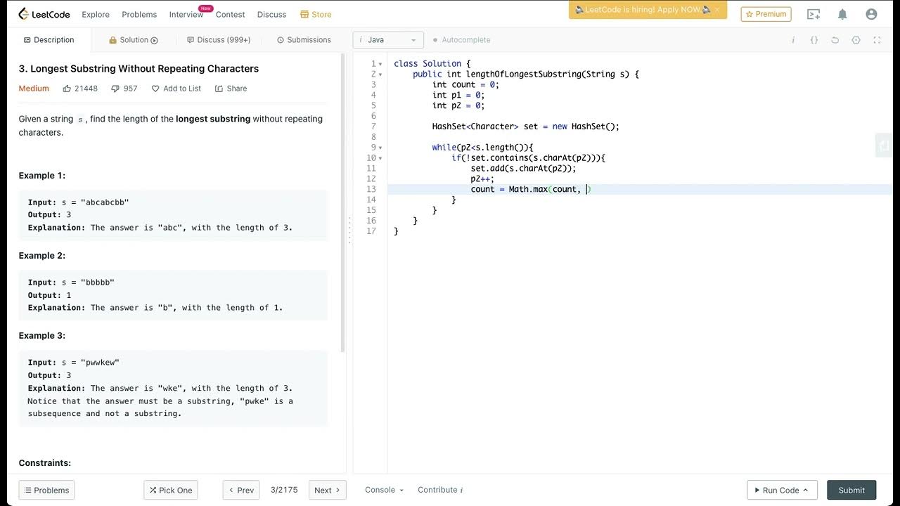 Leetcode 3 Longest Substring Without Repeating Characters Java