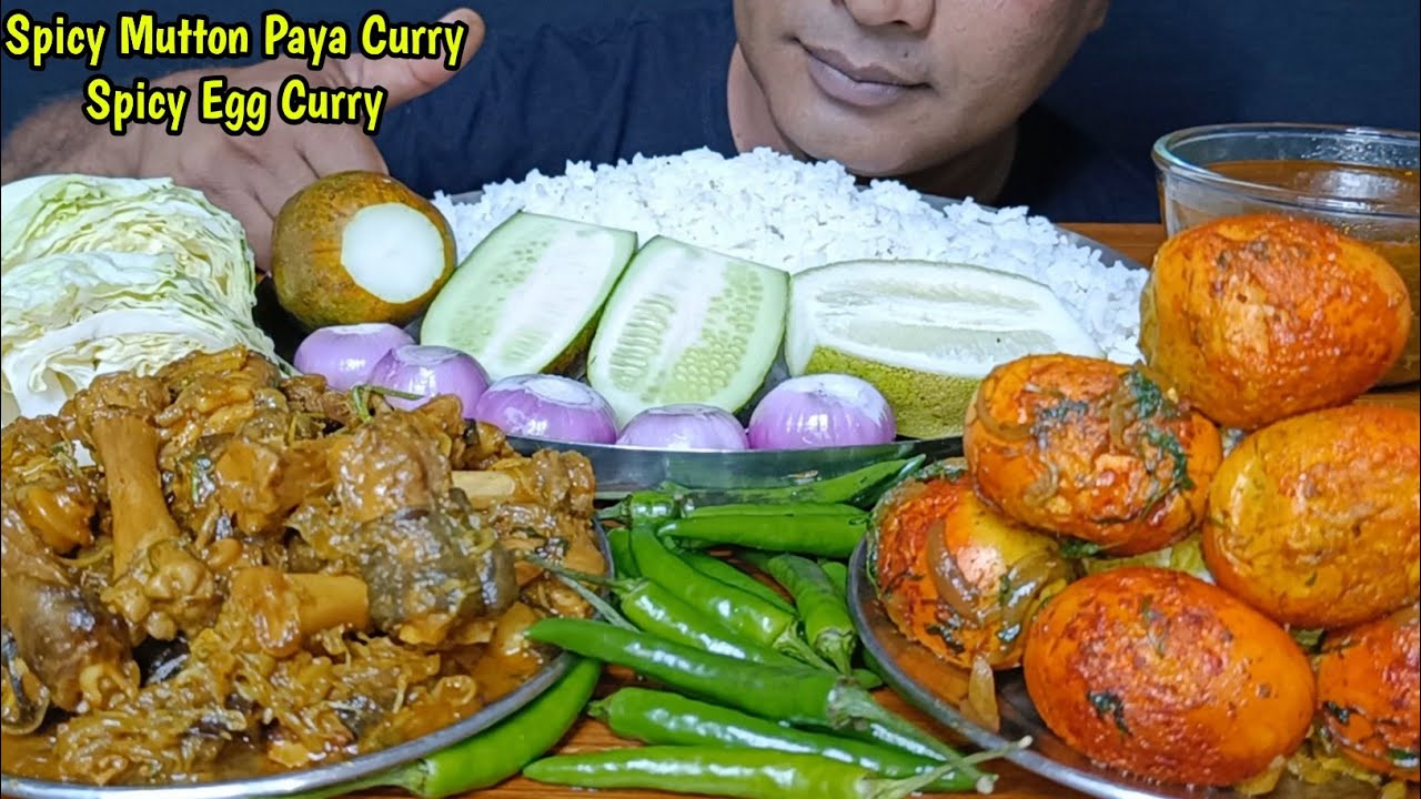 Eating Spicy Mutton Paya Curry | Egg Curry | Salad, Green Chilli & Rice ...
