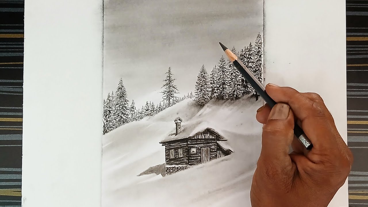 Snowy house Snowy trees Snowy mountain landscape drawing with pencil ...