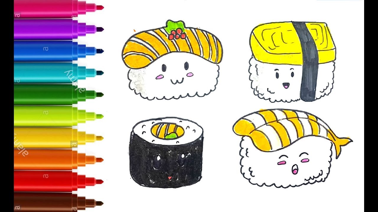 how to draw and color cute sushi for kids - YouTube