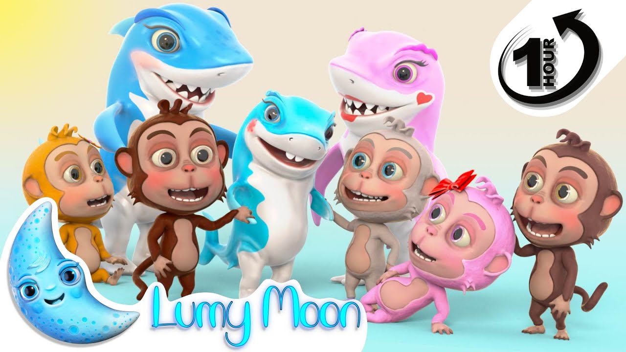 1HR Five Little Monkeys + Baby Shark | Lumy Moon ★ Nursery Rhymes ...