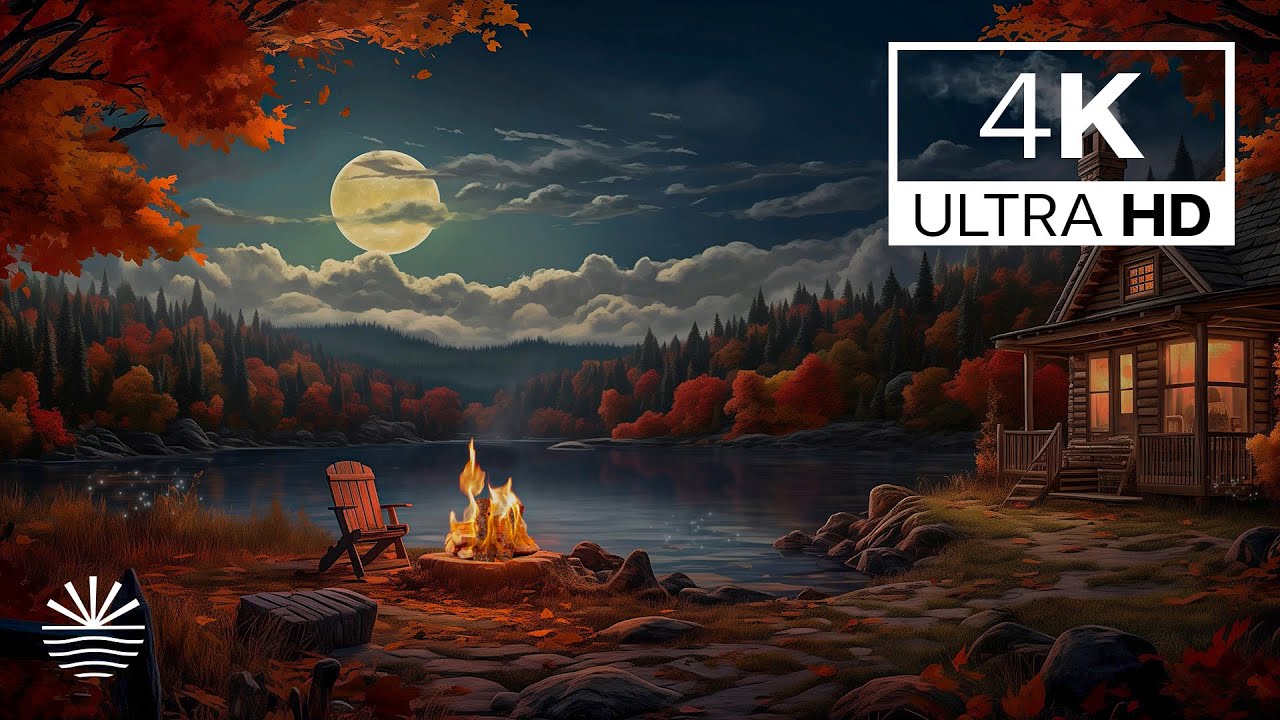 Cozy Autumn Lakeside Cottage, Crackling Campfire & Nature Ambience for ...