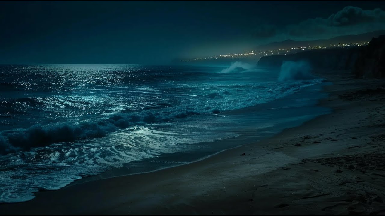 Relaxing Beach at Night with Soft Ocean Sounds, Slow Rhythmic Tides and ...