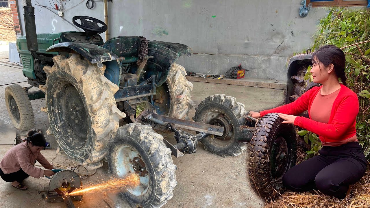 mechanic girl build tractor into 6 wheels can she finish - YouTube