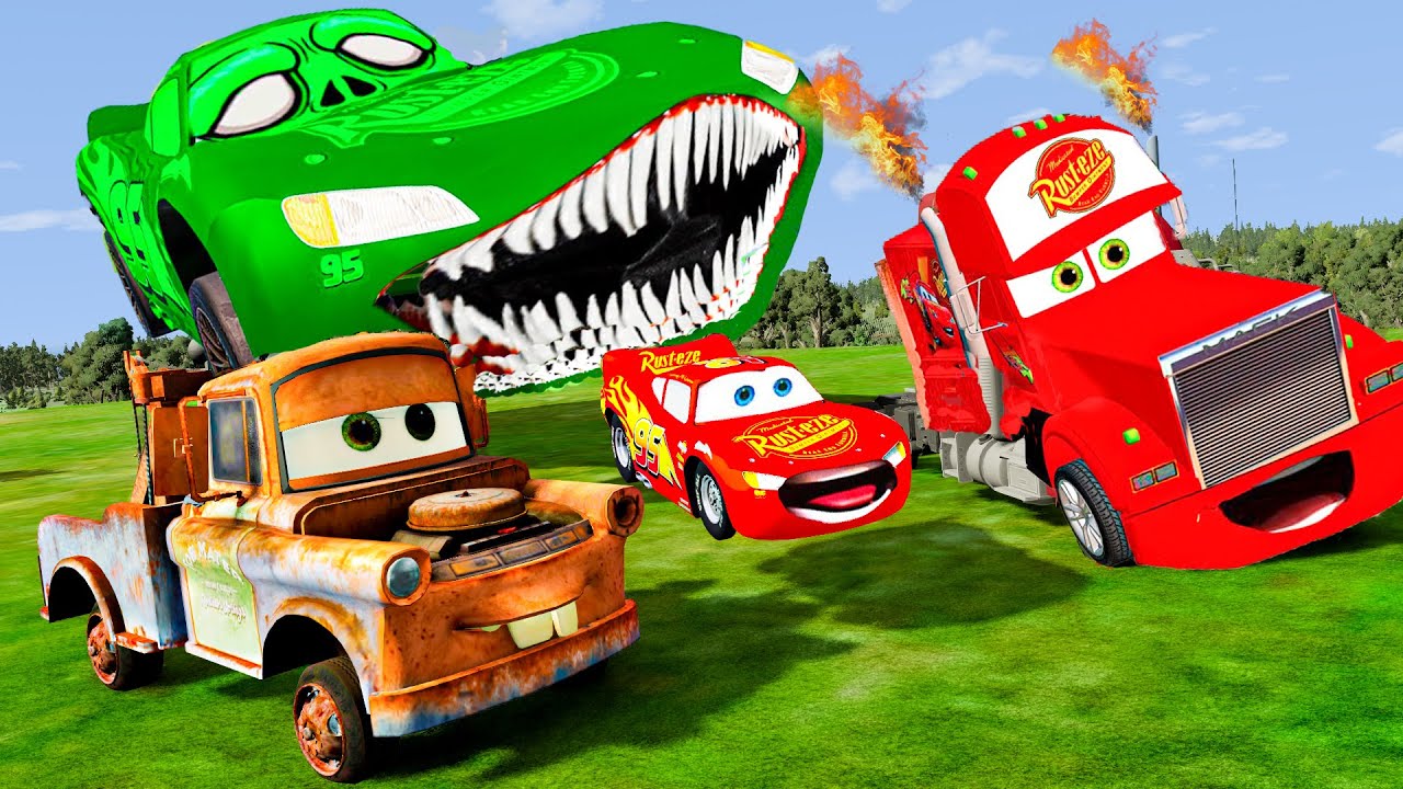 Lightning McQueen, MACK and MATER vs Angry Big CHICK HICKS Pixar Car ...