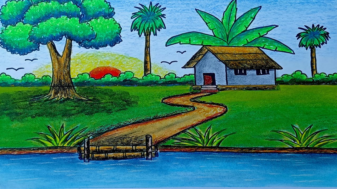 Lakeside village scenery drawing for beginners easy / scenery drawing ...