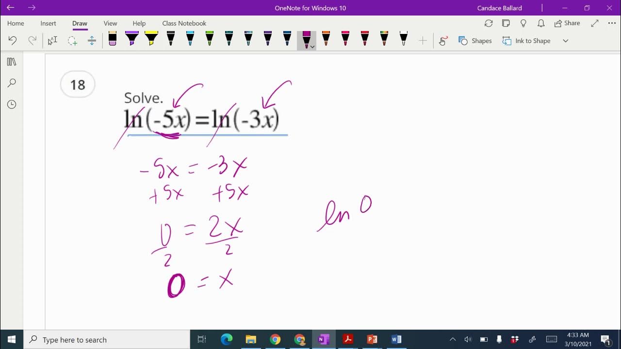 Solving a logarithmic equation with ln on both sides - YouTube