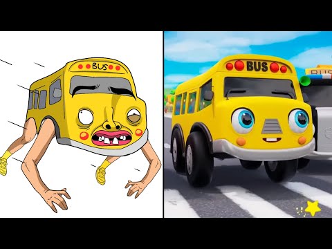 Wheels On The Bus Go To Town - Funny Drawing Meme | Baby Car Song