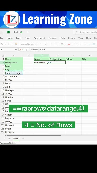 WrapRows ka Magic | Convert Multi Row data into Single Row | Learning Zone Sanju #advancedexcel ...
