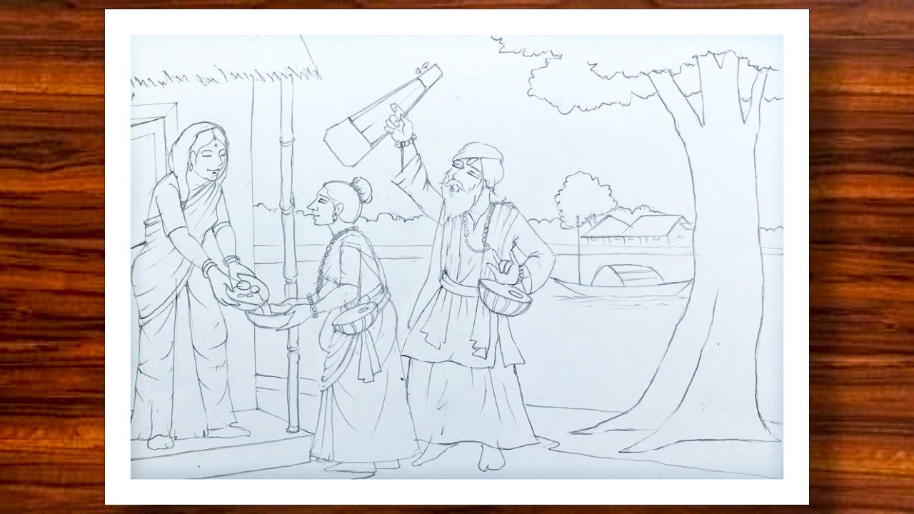 Easy Village Scenery Drawing | Village Scenery With Baul Drawing | Baul ...