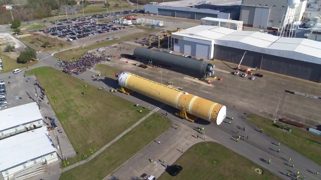 NASA SLS Core Stage Rollout from Michoud Assembly Facility - YouTube
