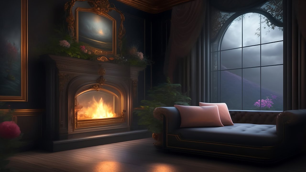 COZY ROOM AMBIENCE | RAIN SOUND EFFECT | BURNING FIREPLACE AND ...