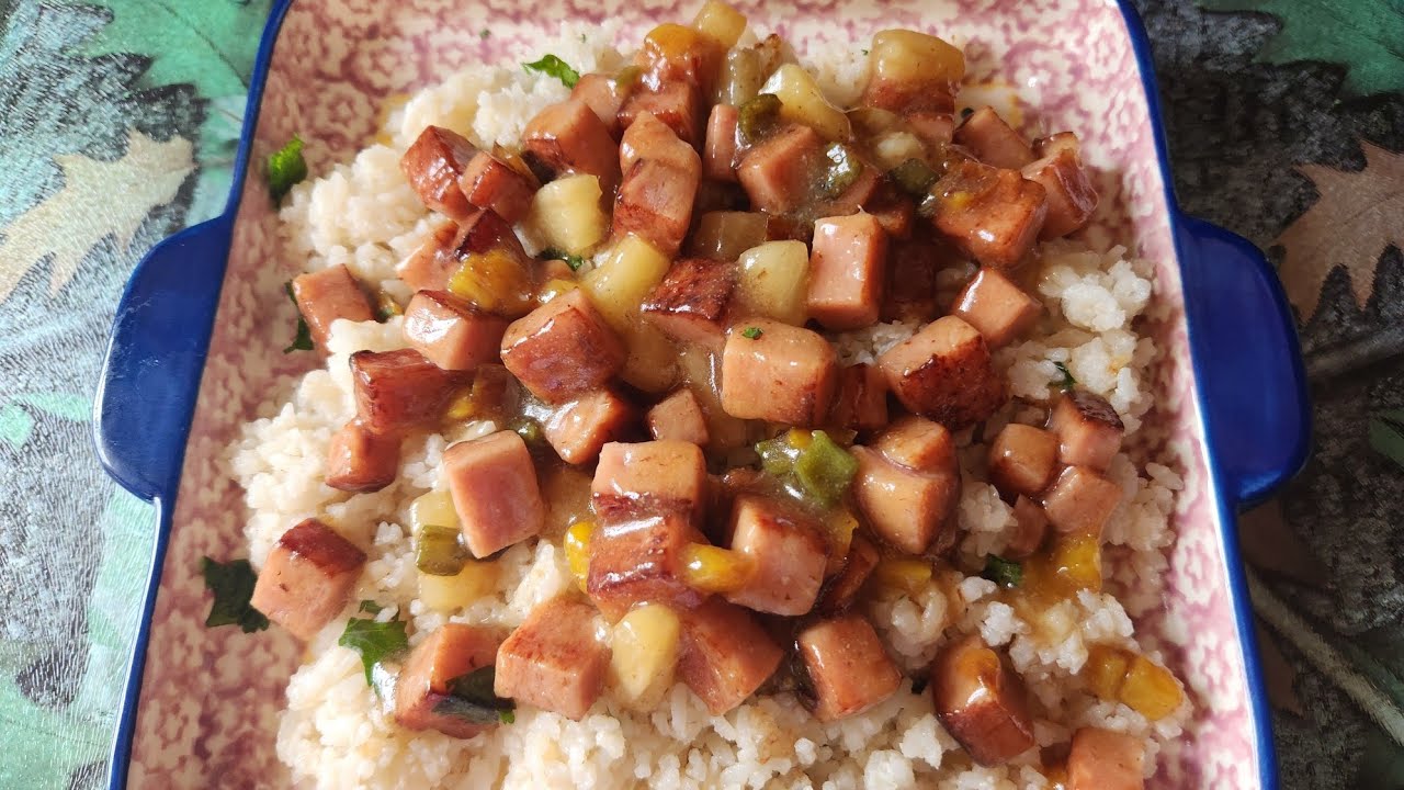 Hawaiian Spam & Pineapple over Cilantro, Lime, & Coconut Rice - YouTube