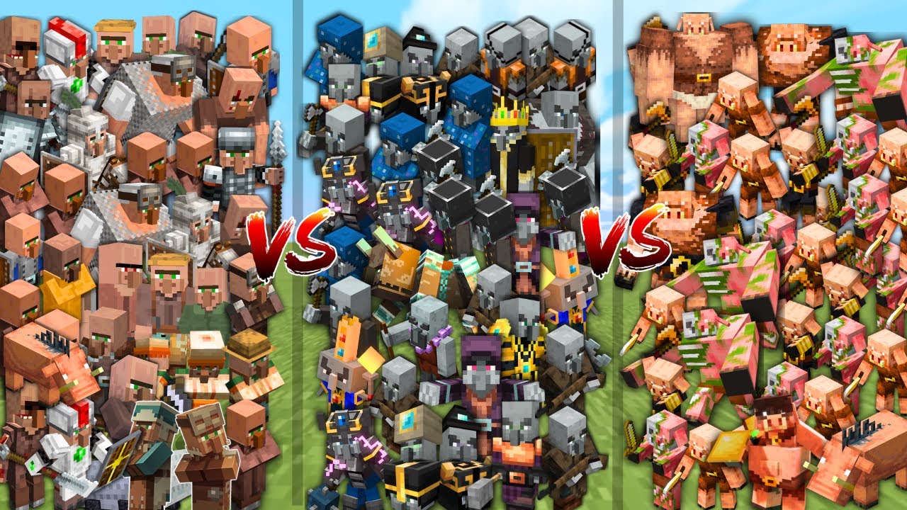 ALL VILLAGERS vs ALL PILLAGERS vs ALL PIGLINS in Minecraft Mob Battle ...