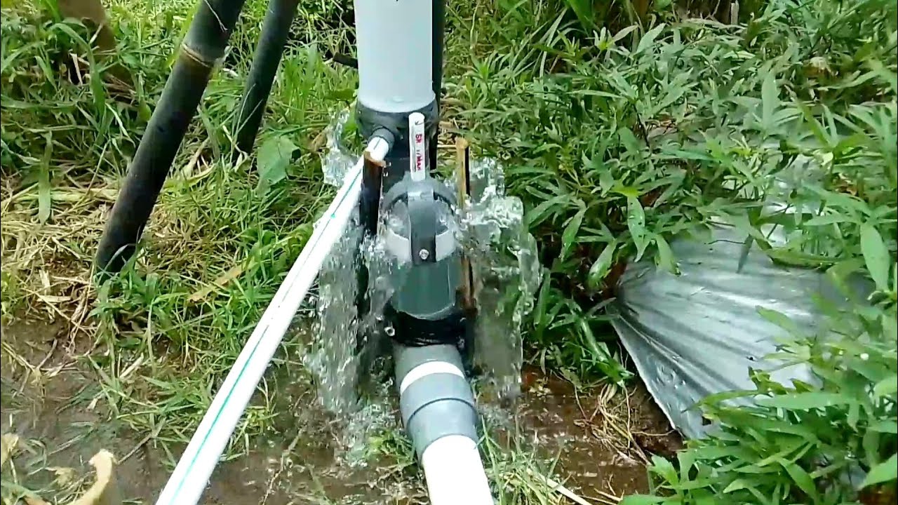 uji coba pompa hidram, pompa air tanpa listrik walau dengan selang ...