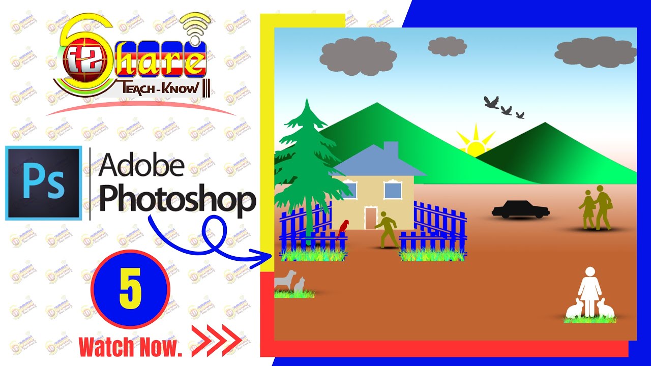 គូររូបទេសភាពក្នុងកម្មវិធី Photoshop | Drawing art in PS | Exercise 5 ...