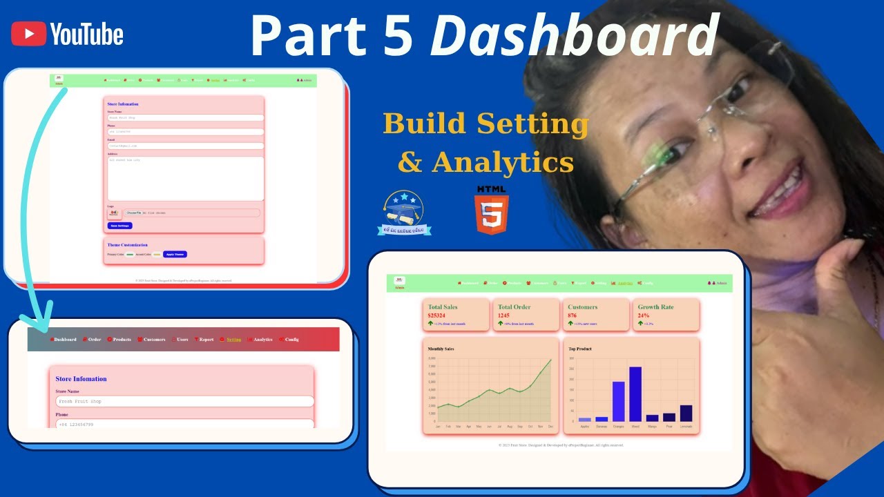 Part 5 Settings & Analytics Dashboard | HTML, CSS, JS, Chart.js ...