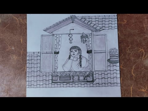 How to draw a girl looking outside a window -easy drawing||A girl ...
