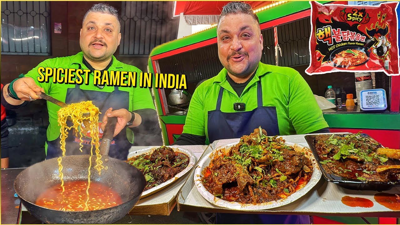 trying Delhi Famous Bunty Meat Wala's New Recipes Super Spicy Korean Buldak Chilli Meat Curry ...