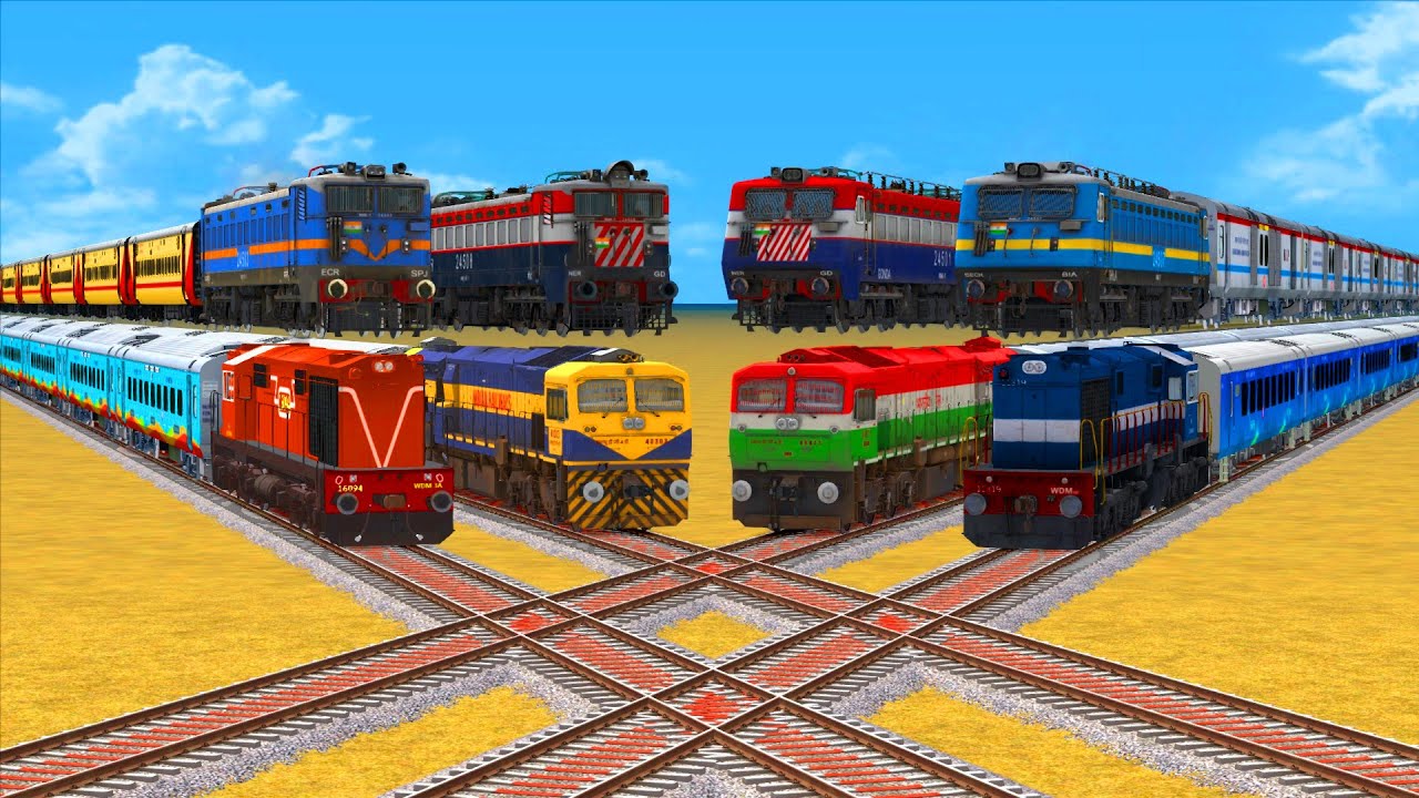 8 TRANSPORTING TRAINS CROSSING ON TOP OF THER OTHER TRAINS AT CRISS ...