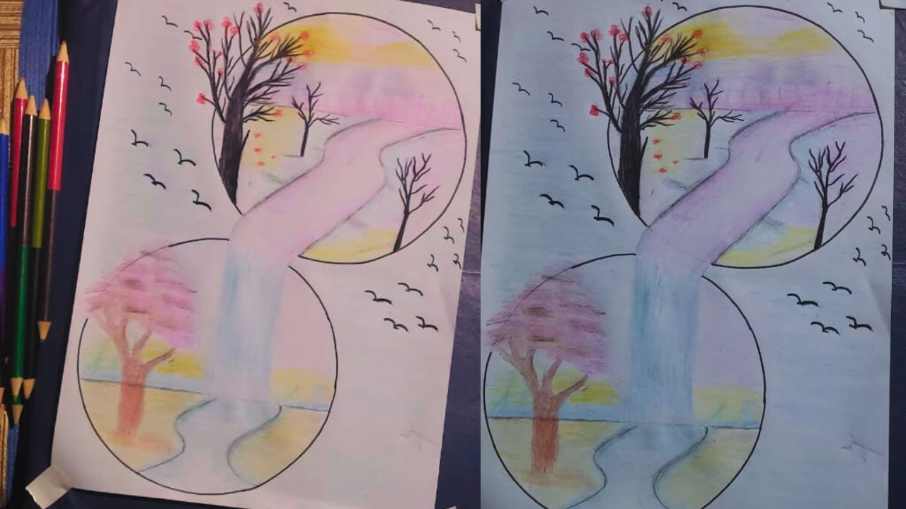 How to draw a colorful scenery | Beautiful scenery | Best video - YouTube