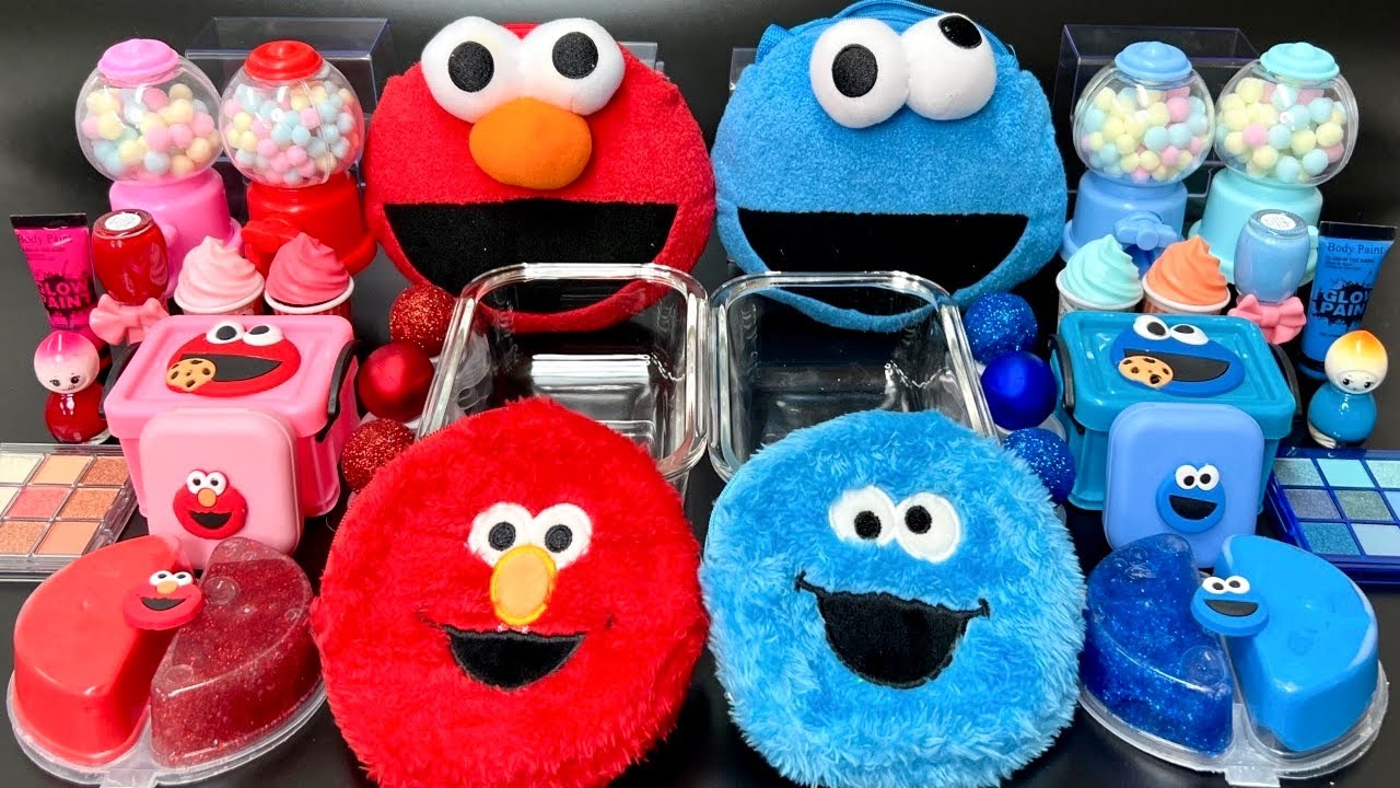 [ASMR]"Elmo VS Cookie Monster" Mixing MakeUp Eyeshadow Into Clear Slime ...