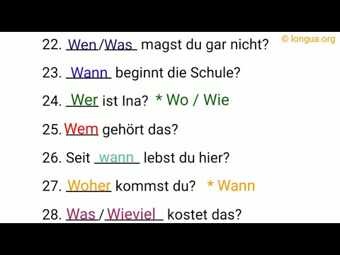 Fragewörter und Fragen - was, wer, wen, wem, wessen, wann, wo, woher, wohin, warum, wieso, wie, welc
