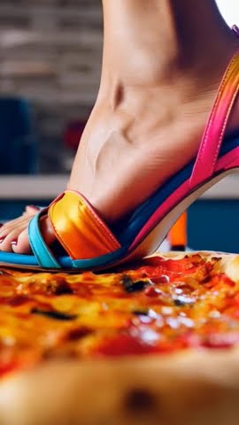 Multi coloured high heel sandals on a pizza crushing and trampling # ...