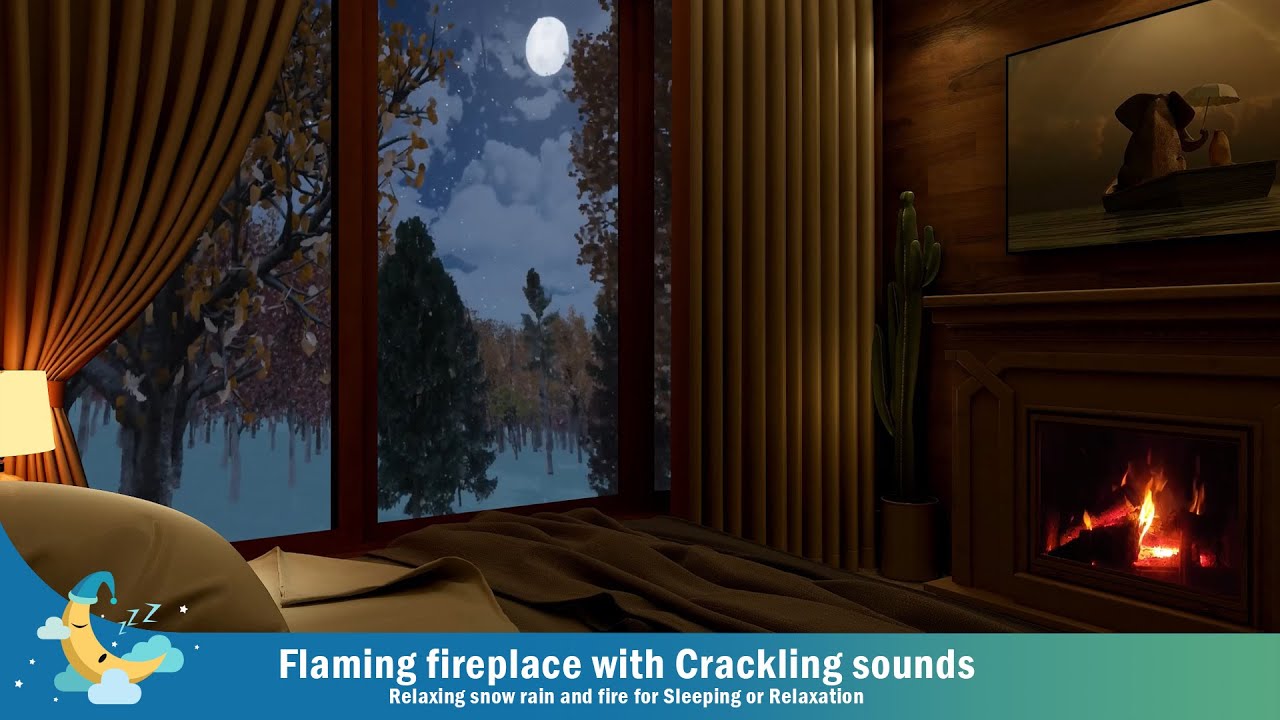 Flaming fireplace with Crackling sounds, Relaxing show rain and fire ...