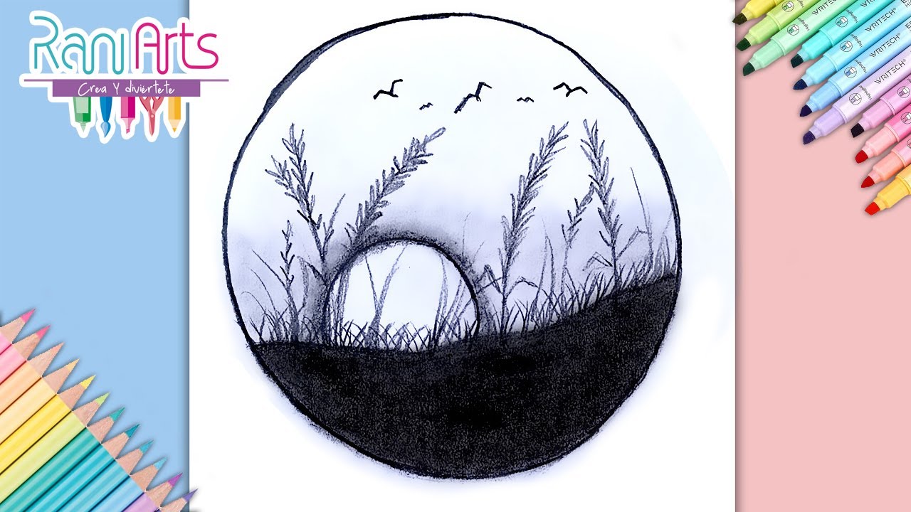 Cómo dibujar un paisaje PUESTA DE SOL con lápiz - ideas de paisajes con ...