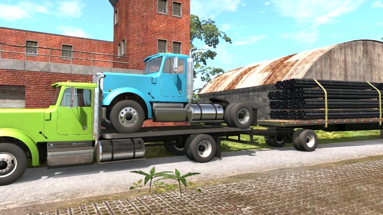 BeamNG Drive - Flatbed Truck + Trailer Transporting 20 Tons Of Pipes ...
