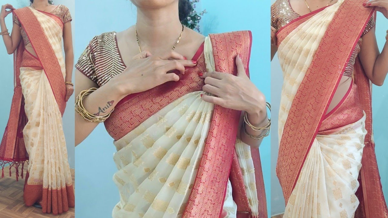 Organza silk saree easy steps draping tutorial | easy saree draping ...