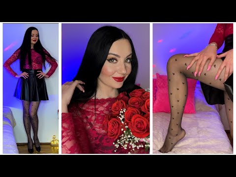Nylon Pantyhose With Hearts Pattern 🖤 ASMR Try On 💖 St. Valentine's