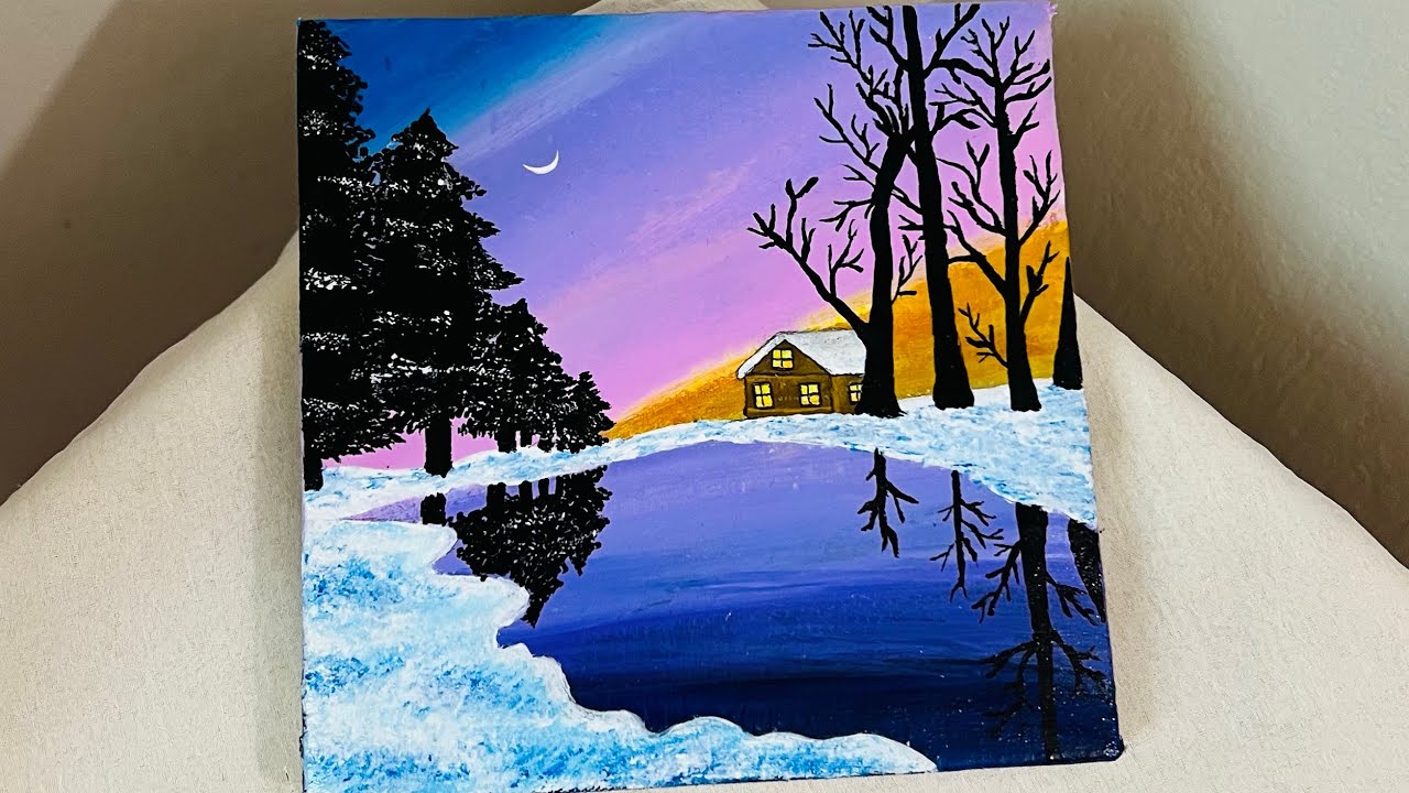 Aurora night sky painting || Snowy night painting | Snowy winter night ...