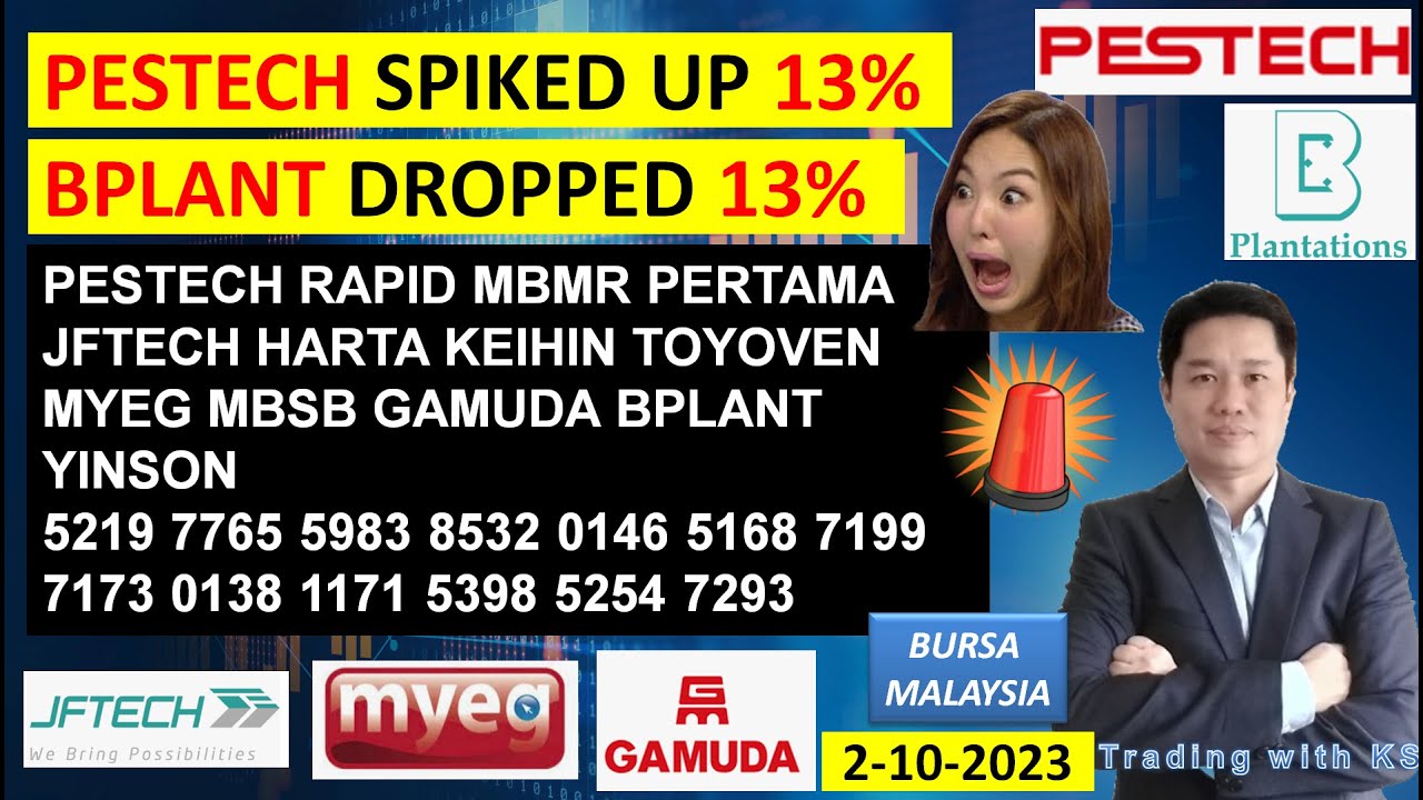 Daily KLSE BURSA UPDATE - 2-10-2023💥PESTECH SPIKED UP 13%💥BPLANT DROPPED 13%💥 PESTECH RAPID MBMR ...