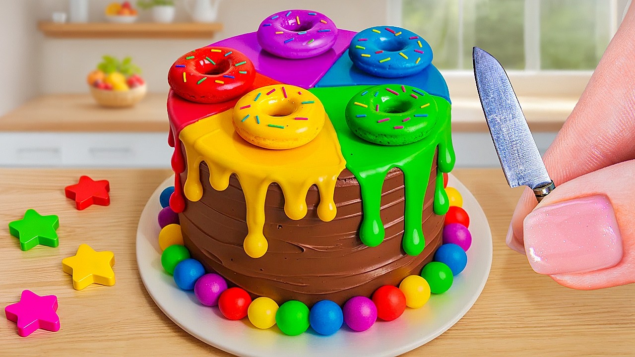 Melted Chocolate Cake With Rainbow Donuts Decorating Ideas | Satisfying ...