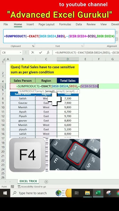 "How to Perform Case-Sensitive Sum in Excel | SUMPRODUCT + EXACT" #shorts #shortsfeed #exceltips ...