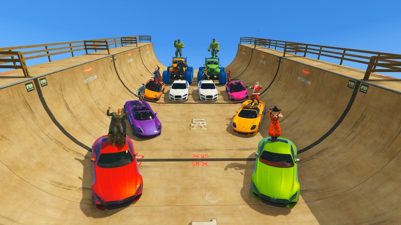 GTA5 BIG RAMP JUMP WITH SUPERHEROES CRAZY CARS GTA V - YouTube
